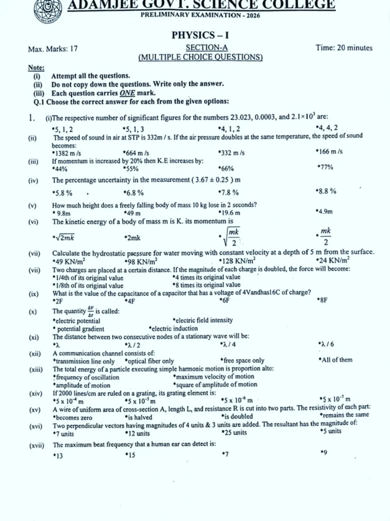 1st Year Physics Prelim Paper – Adamjee Government Science College | XI ...